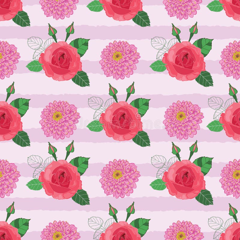 Seamless Floral Pattern Roses and Chrysanthemum Pn Pink Stripes Stock ...
