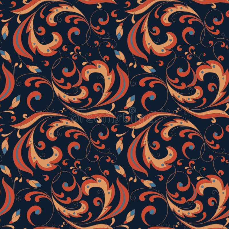Seamless Floral Pattern in Russian Style on a Dark Blue Background ...