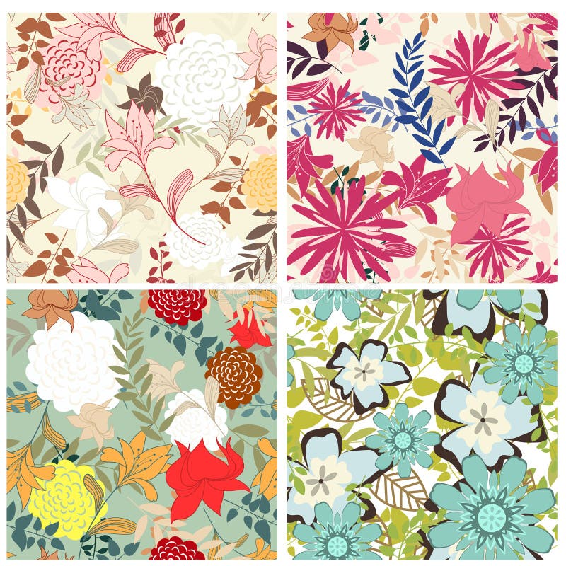 Seamless Floral Pattern Set Stock Vector - Illustration of drawn ...