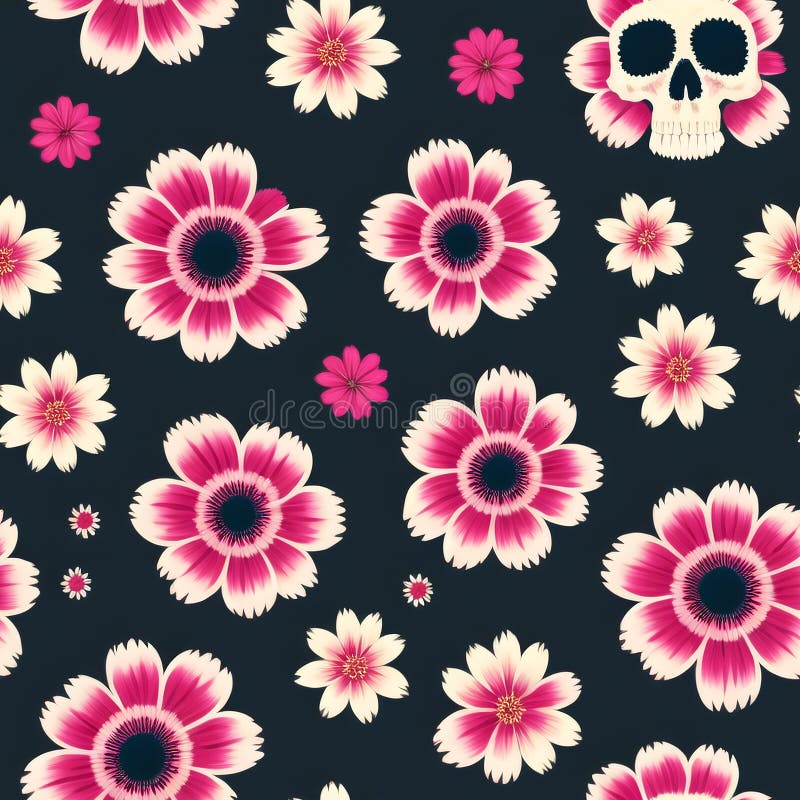 Seamless Floral Pattern with Skull Flowers on Dark Theme Template ...