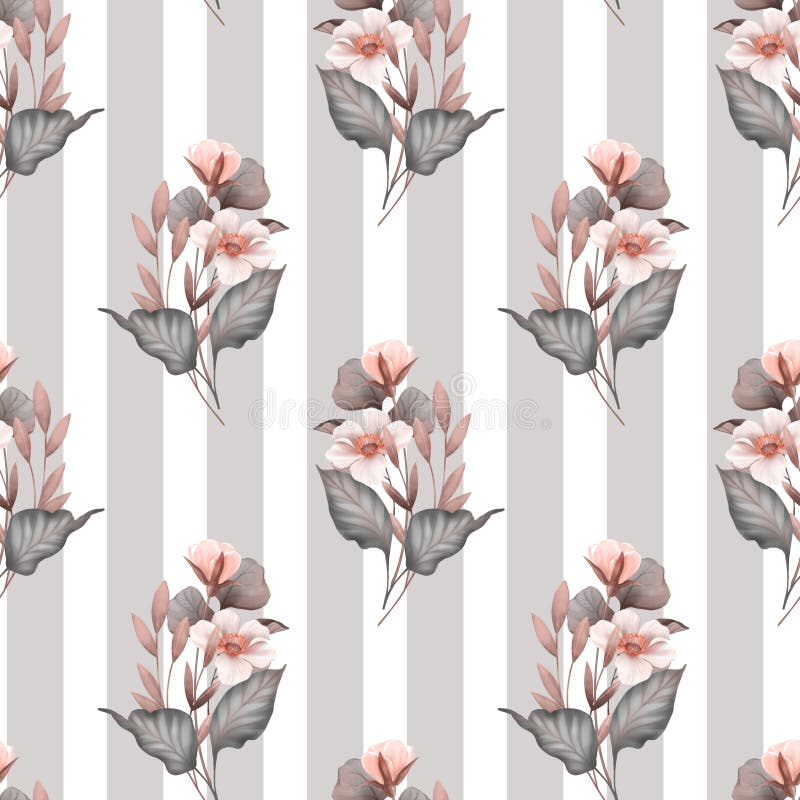 Seamless Floral Pattern on Striped Background. Pastel Autumn Colors ...