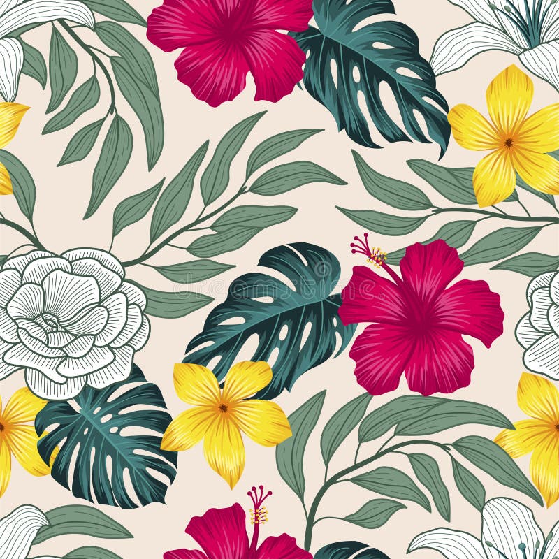 Seamless Floral Pattern, Tropical Flowers with Leaves Stock Vector ...