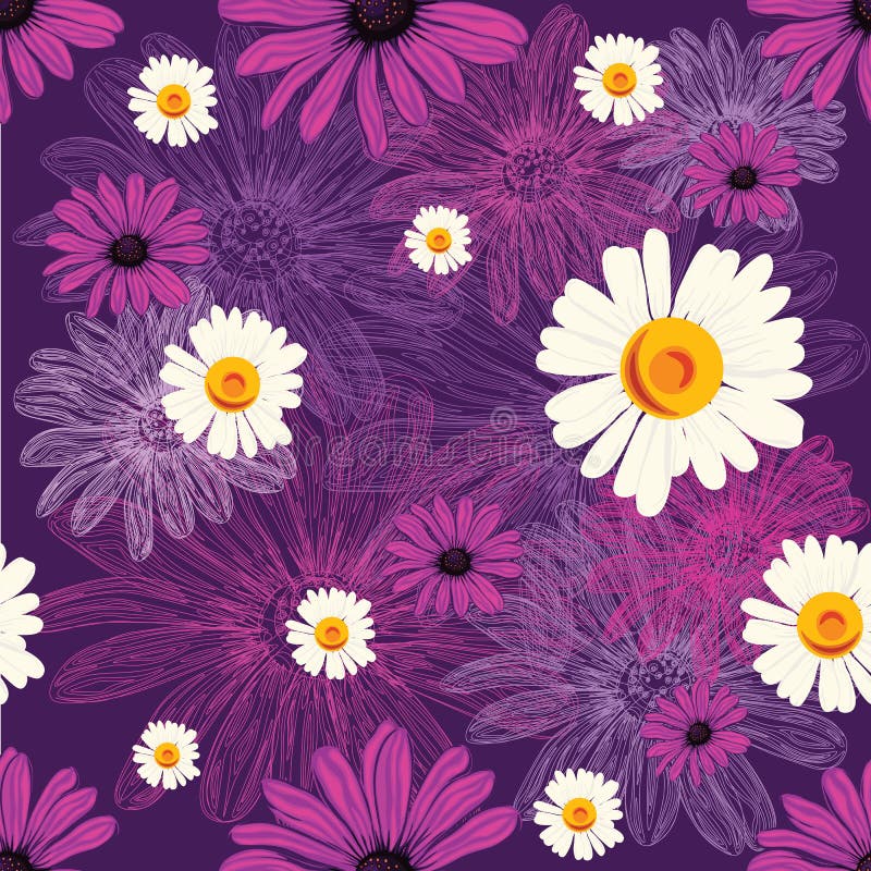 Seamless Floral Pattern with Violet Flowers and Chamomiles on Violet ...