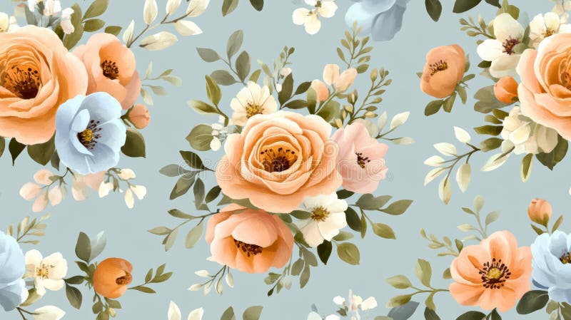 Seamless Floral Pattern, Watercolor Floral Design in Coral and Blue ...