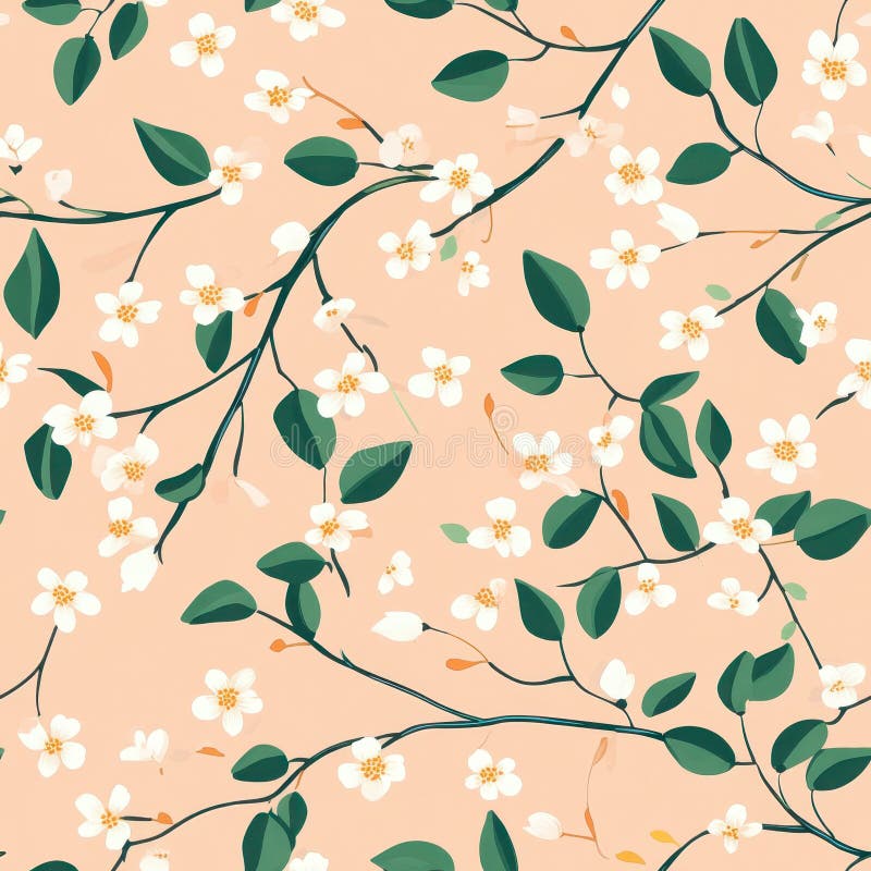 Seamless Floral Pattern with White Blossoms and Green Leaves on Peach Background. Stock Image ...