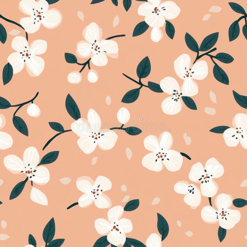 Seamless Floral Pattern with White Blossoms on Peach Background. Stock Image - Image of modern ...