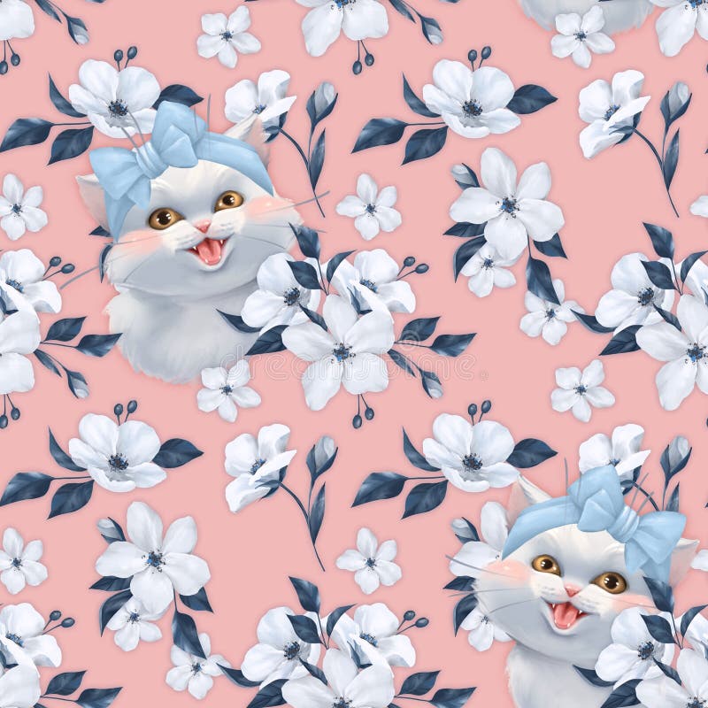 Seamless Floral Pattern with White Flowers and Cats. Stock Illustration ...