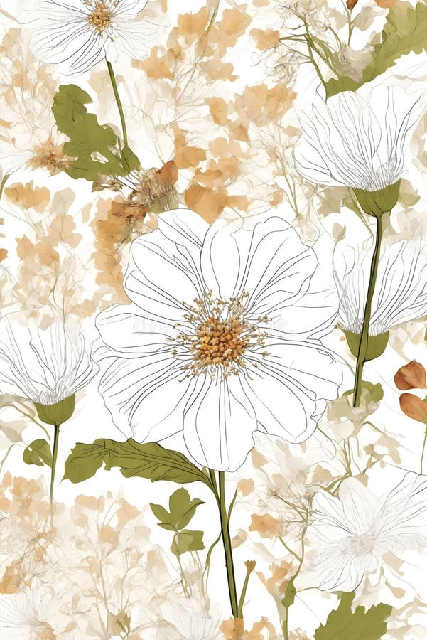 Seamless Floral Pattern with White Flowers and Leaves on a White ...