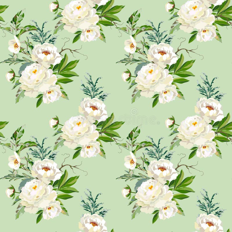 Seamless Floral Pattern with White Peonies Stock Vector - Illustration ...