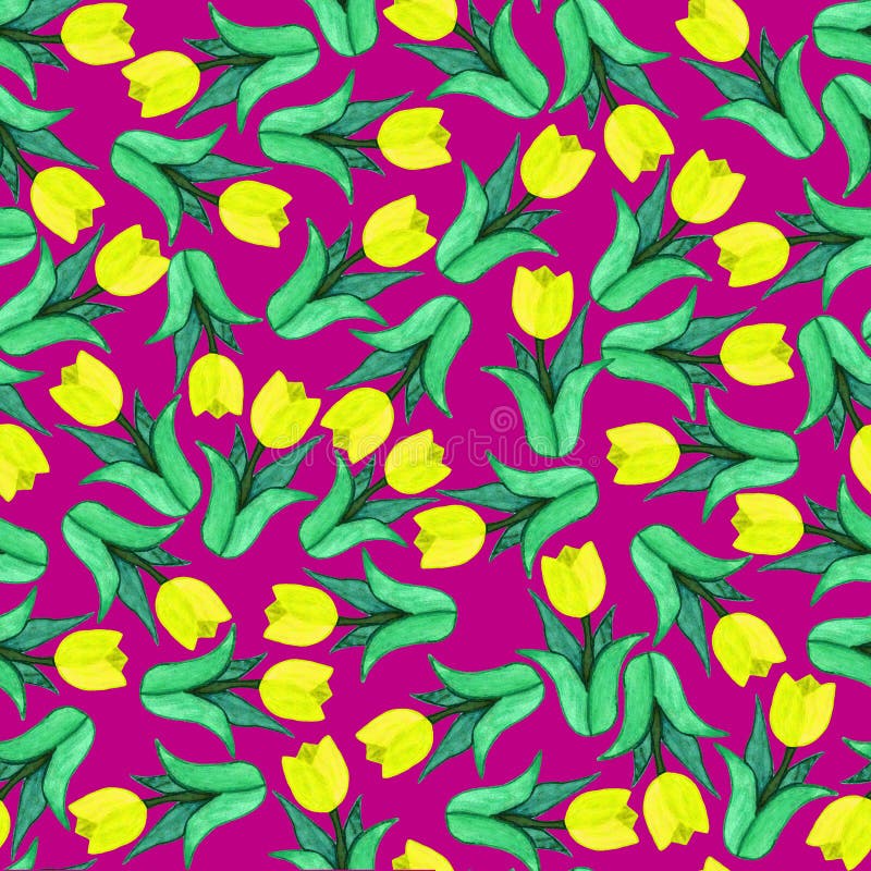 Seamless Floral Pattern with Yellow Tulips, Watercolor Paint Stock ...