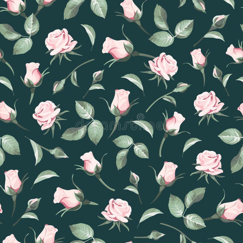 Seamless Floral Patterns with Pink Roses on the Dark Background. Stock ...