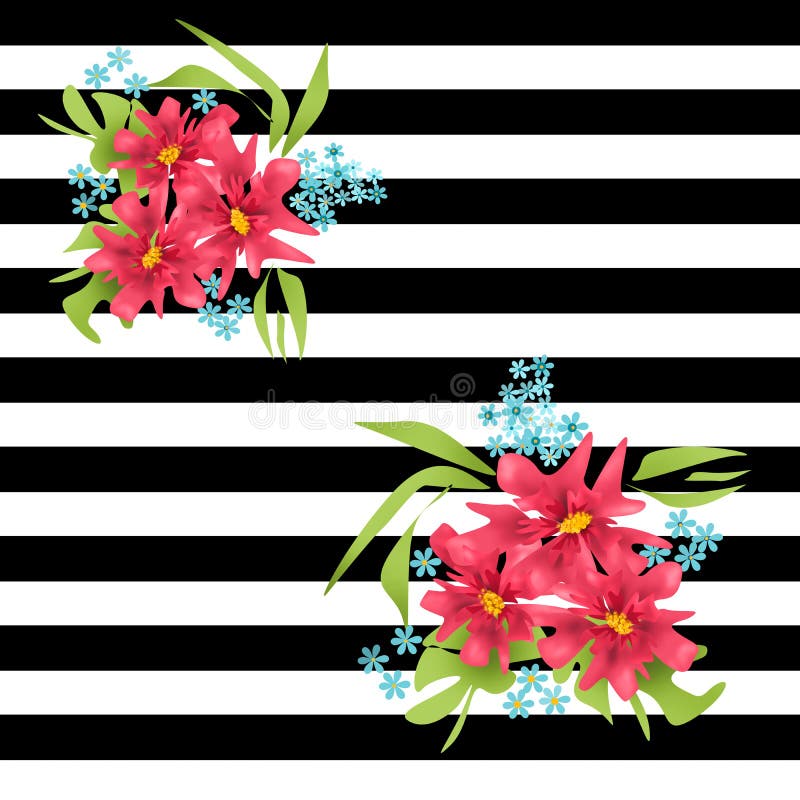 Seamless Floral Pink Flowers on Striped Lined Pattern Stock ...