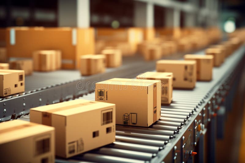 Efficient Warehouse Logistics: Moving Cardboard Boxes on Conveyor Belt ...