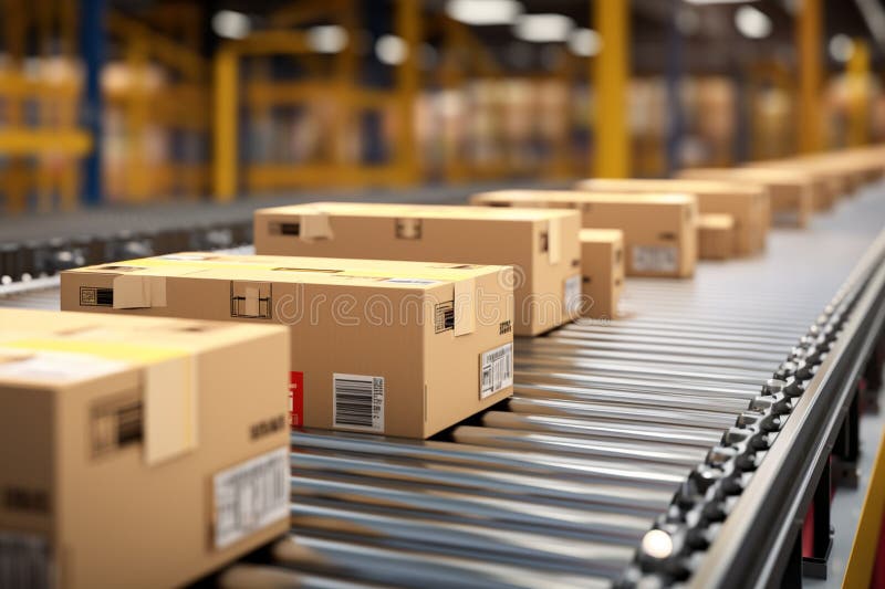 Efficient Warehouse Logistics: Moving Cardboard Boxes on Conveyor Belt ...