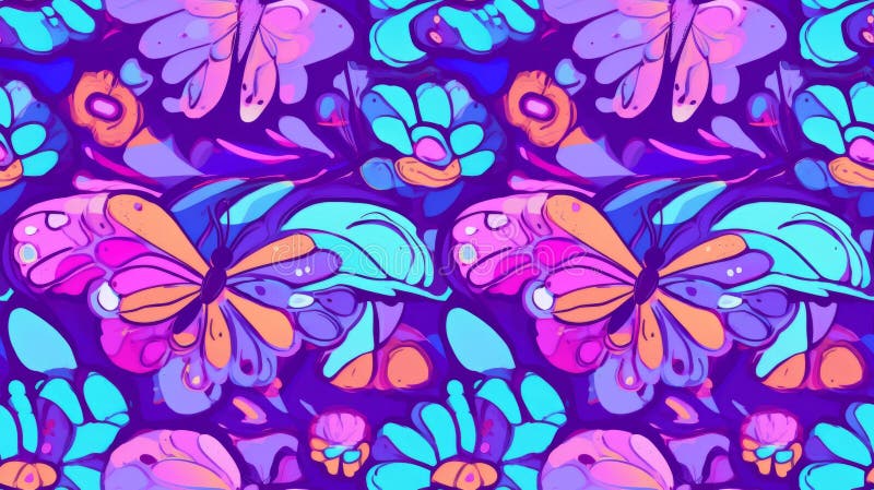 Seamless Flower and Butterfly Trippy Psychedelic Pattern. Purple ...