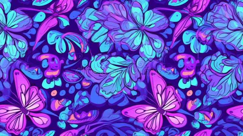 Seamless Flower and Butterfly Trippy Psychedelic Pattern. Purple Psychedelic Seamless Pattern ...
