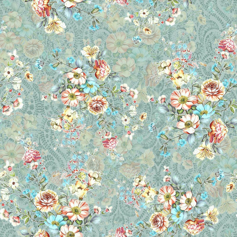 Textile Flower with Black Ground Seamless Digital Print Design Stock ...