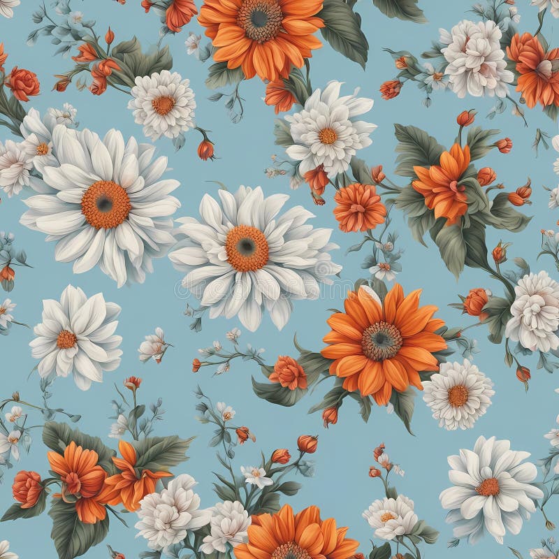 Seamless Flower Pattern with Powder Blue Background. Stock Illustration ...