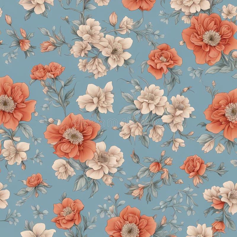 Seamless Flower Pattern with Powder Blue Background. Stock Illustration ...
