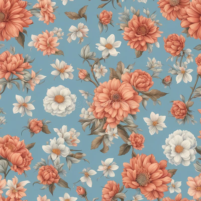 Seamless Flower Pattern with Powder Blue Background. Stock Illustration ...
