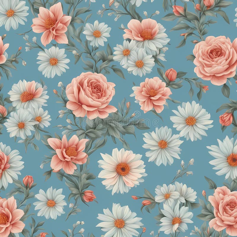 Seamless Flower Pattern with Powder Blue Background. Stock Illustration ...
