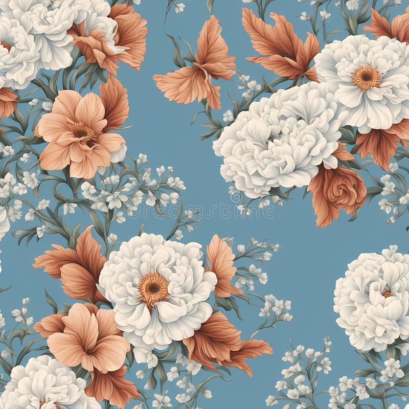 Seamless Flower Pattern with Powder Blue Background. Stock Illustration ...