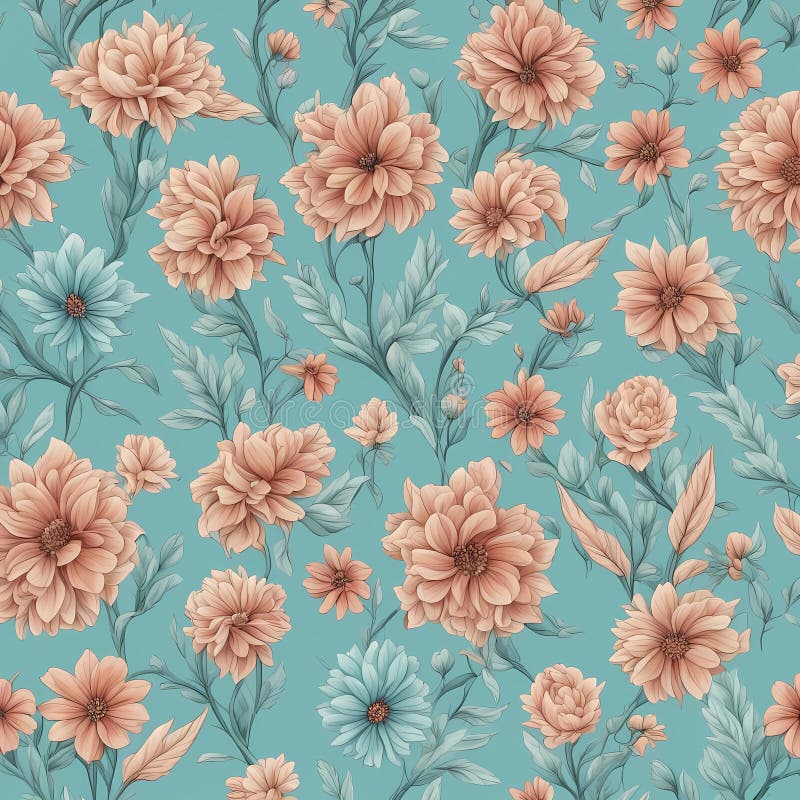 Seamless Flower Pattern with Soft Cyan Blue Background. Stock ...