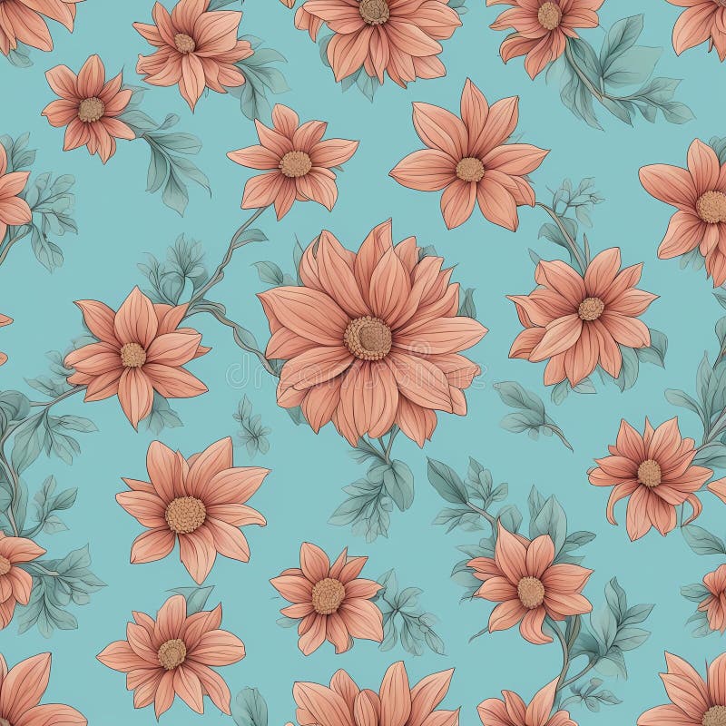 Seamless Flower Pattern with Soft Cyan Blue Background. Stock ...