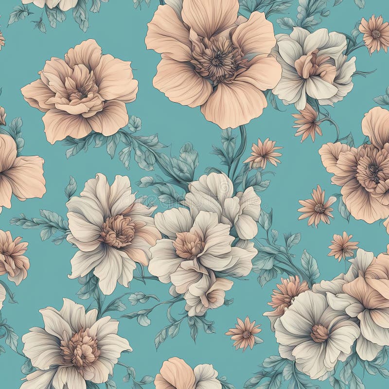 Seamless Flower Pattern with Soft Cyan Blue Background. Stock Illustration - Illustration of ...