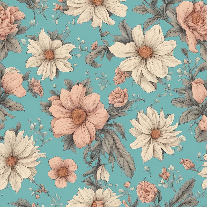 Seamless Flower Pattern with Soft Cyan Blue Background. Stock ...