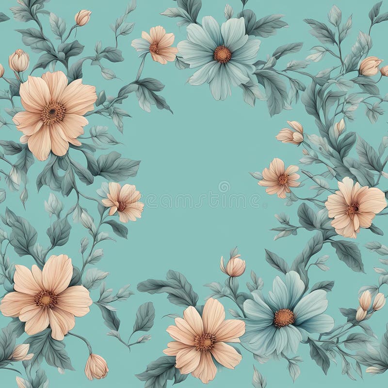 Seamless Flower Pattern with Soft Cyan Blue Background. Stock ...