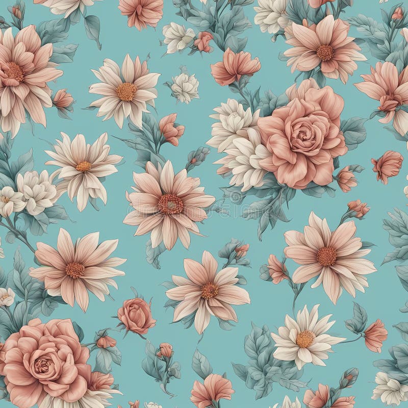Seamless Flower Pattern with Soft Cyan Blue Background. Stock ...