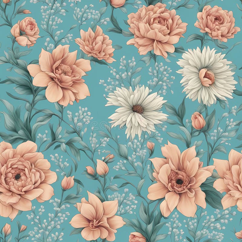 Seamless Flower Pattern with Soft Cyan Blue Background. Stock ...