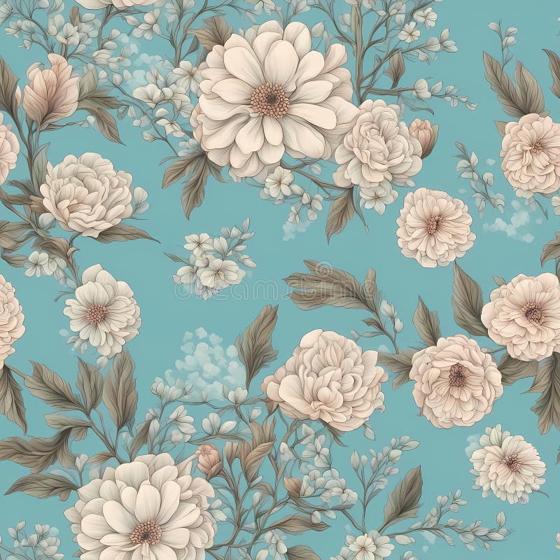 Seamless Flower Pattern with Soft Cyan Blue Background. Stock Illustration - Illustration of ...