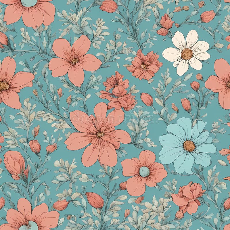 Seamless Flower Pattern with Soft Cyan Blue Background. Stock Illustration - Illustration of ...