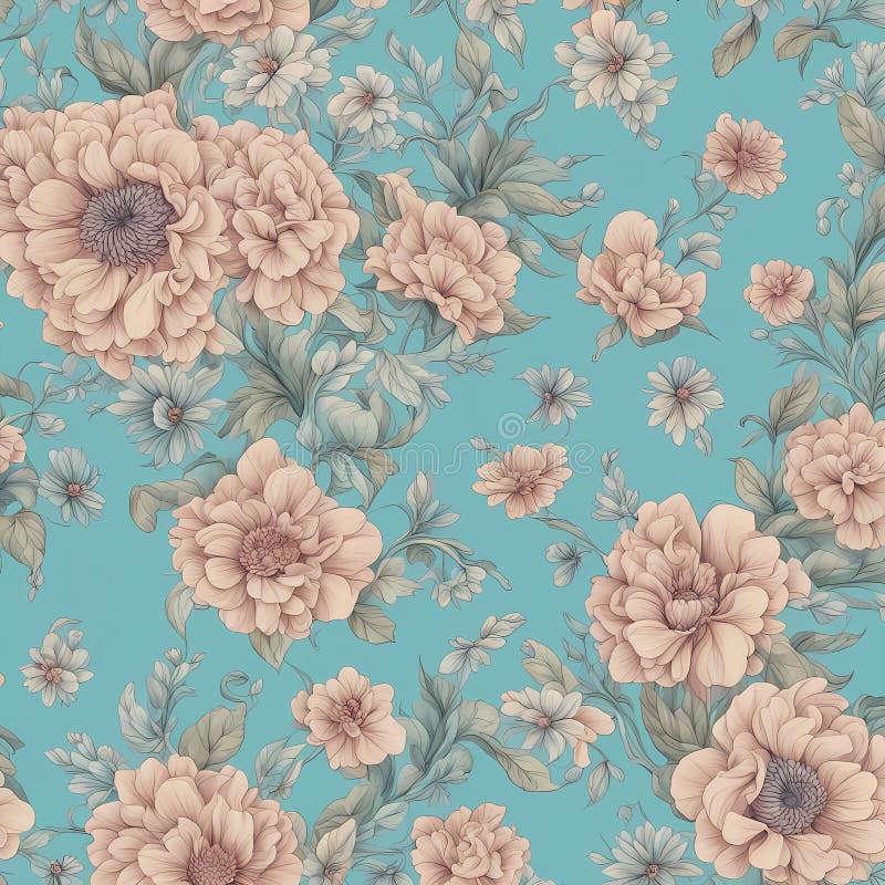 Seamless Flower Pattern with Soft Cyan Blue Background. Stock Illustration - Illustration of ...