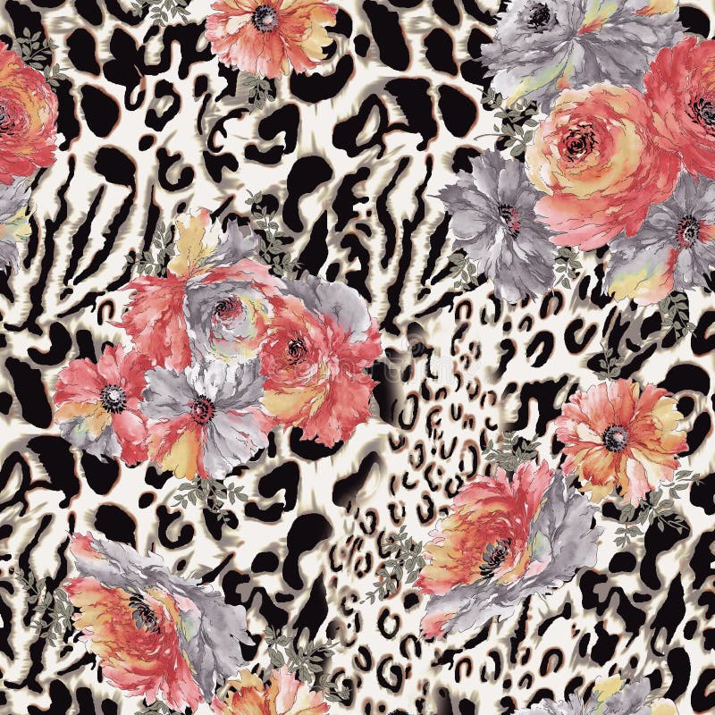 Seamless Flower Pattern with Tiger Background Stock Illustration ...