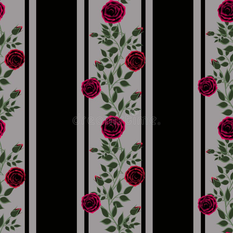 Seamless Flowers Pattern on Black in the Grey Bar Background Stock ...