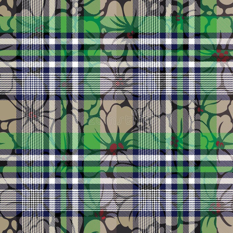 Seamless Flowers Pattern on Green Checks Background Stock Vector ...