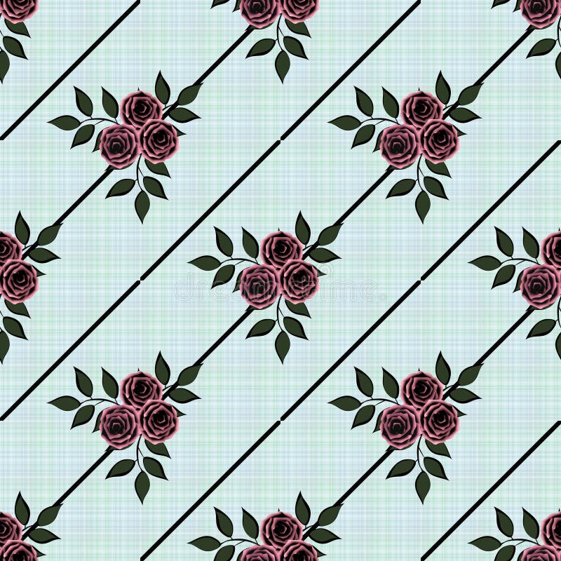 Seamless Flowers of Roses Pattern on White Background in Black Stripe ...