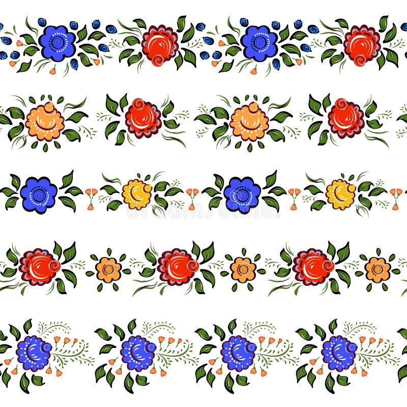 Seamless Folk Borders. Colorful Flowers and Leafs on Wh Stock Vector ...