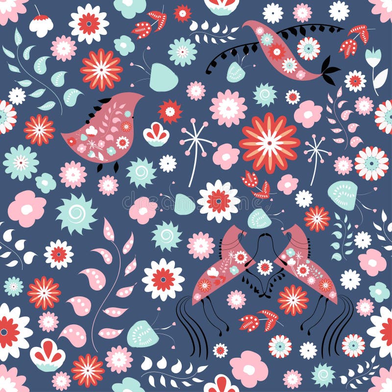 Seamless Folk Pattern with Flowers and Animals, Vector Illustration ...