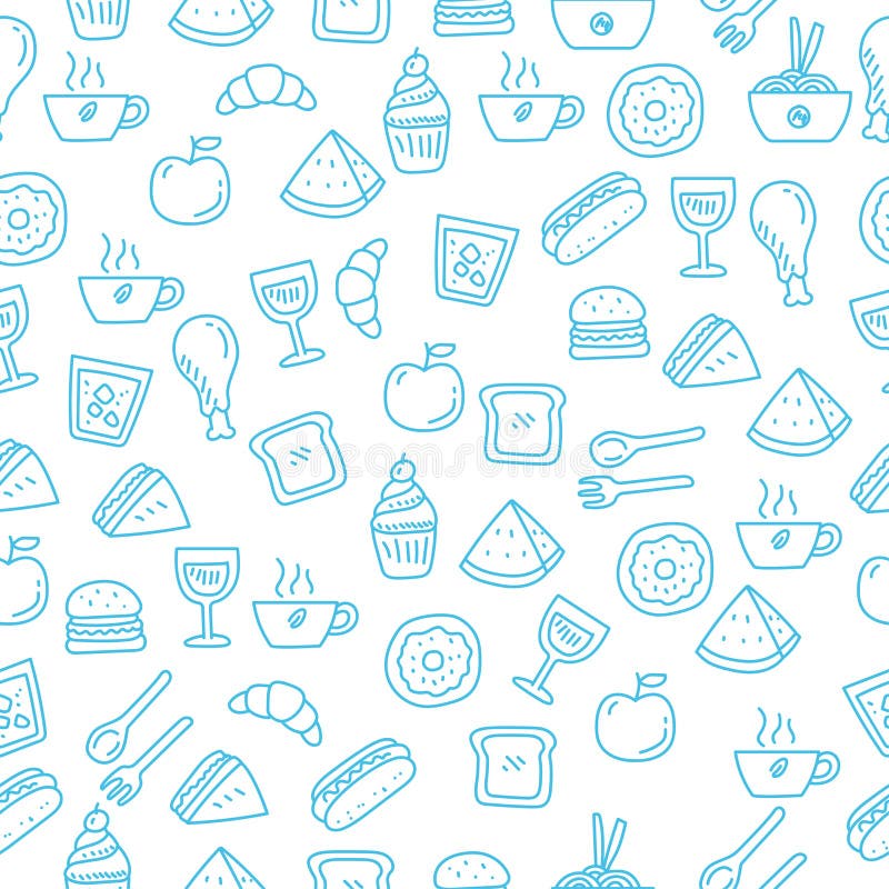 Seamless Food Doodle Pattern with Blue Color Stock Illustration ...