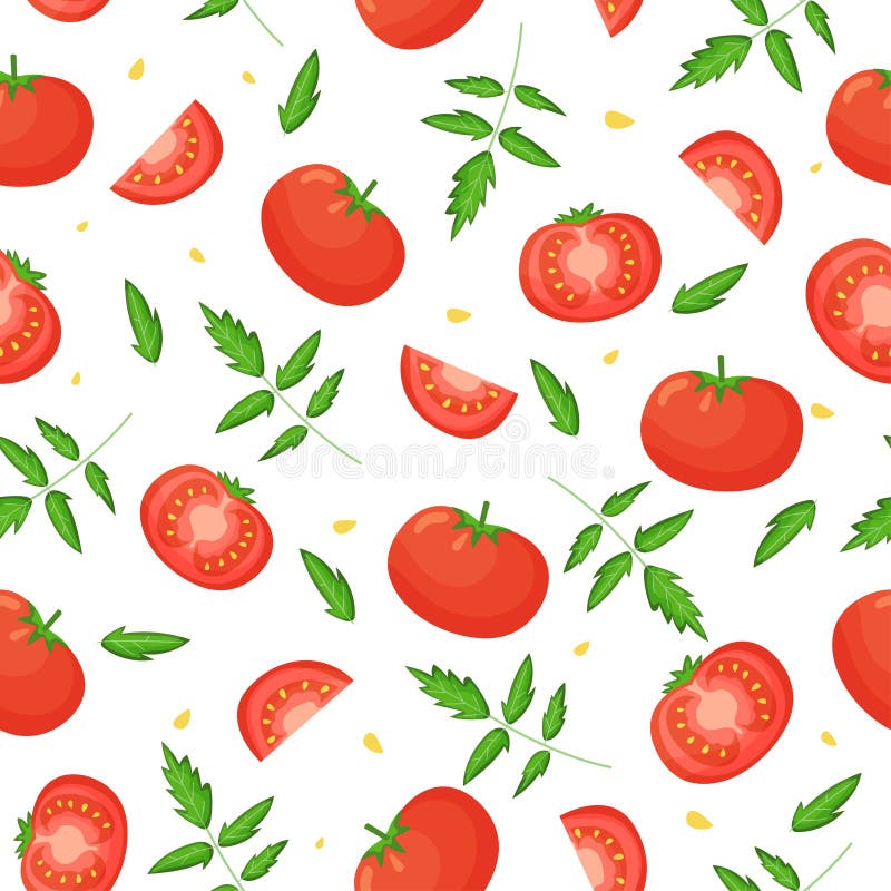 Seamless Food Pattern of Cute Tomato on White Background with Leaves ...