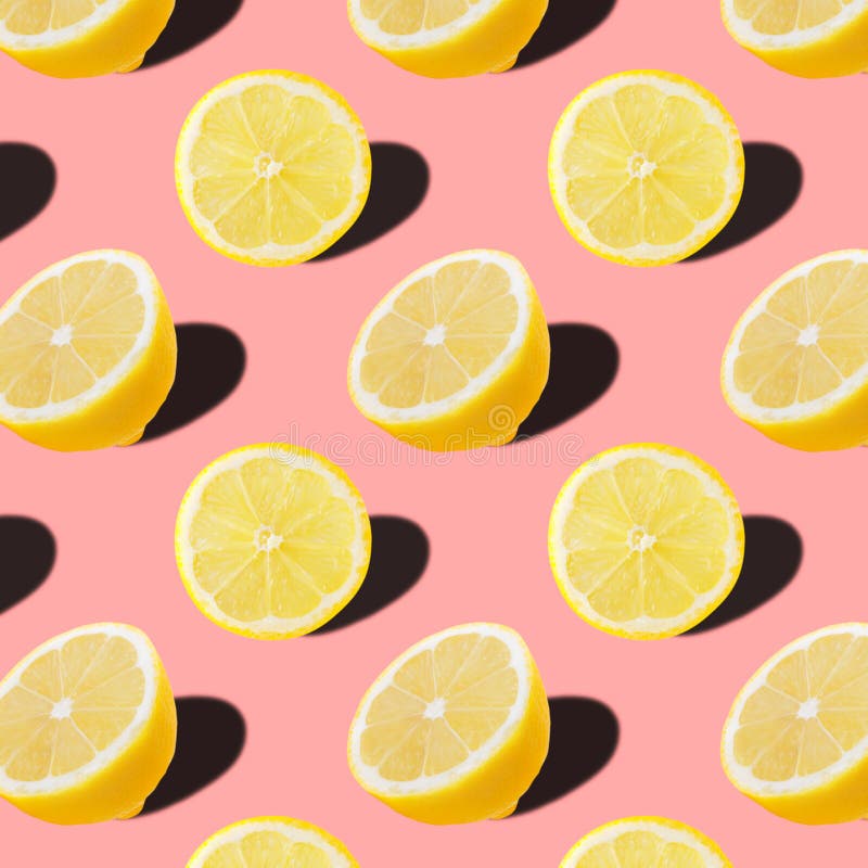 Seamless Food Pattern with Fresh Slice Lemon on Light Pink Background ...