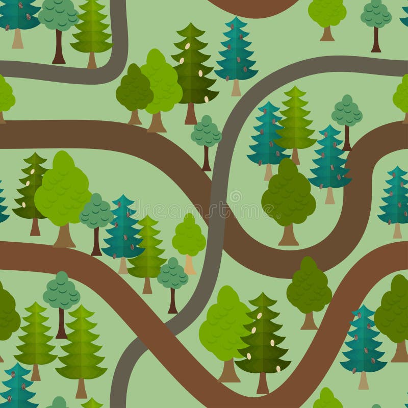 Seamless Forest Pattern. Cartoon Trails And Trees Background Stock ...