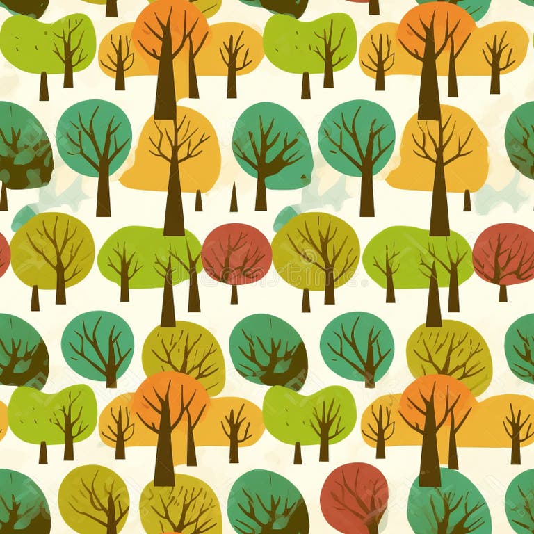 Seamless Forest Pattern - Colorful Tree Illustrations in Rounded ...
