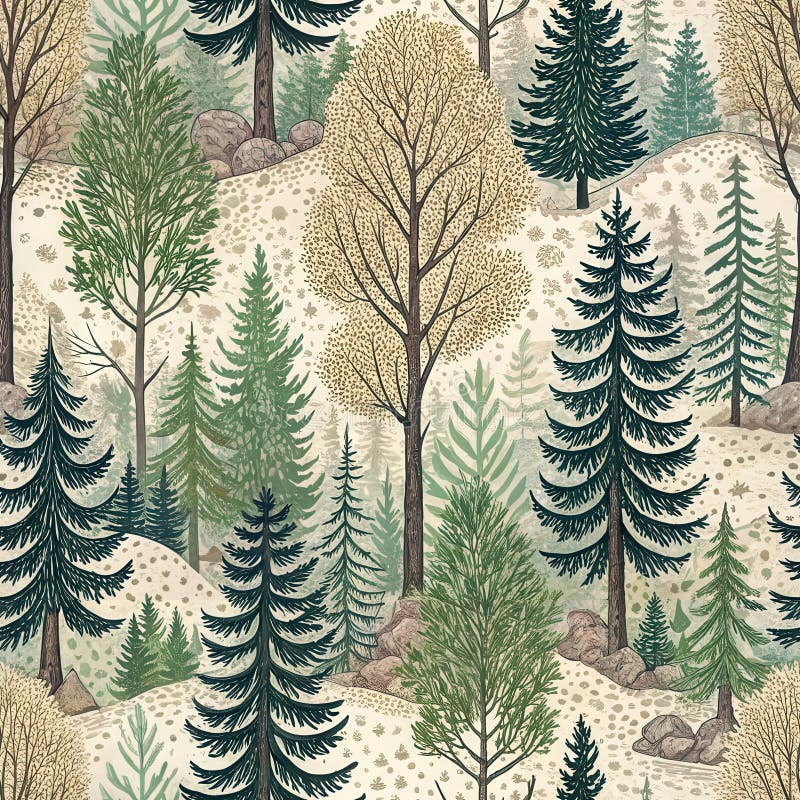 Seamless Forest Pattern with Diverse Tree Varieties and Natural Colors ...