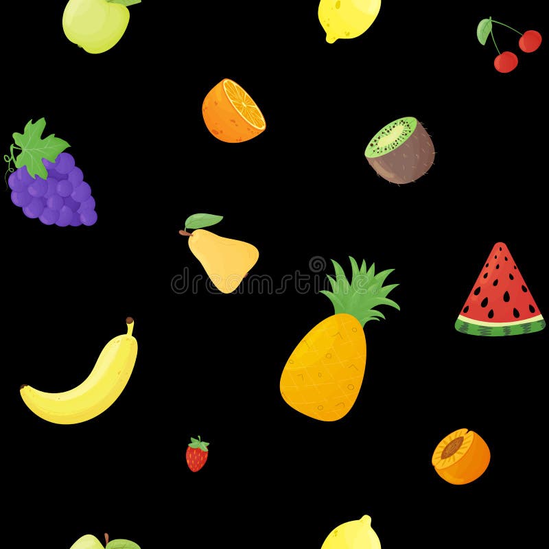 Seamless Colorful Fruit Pattern on Black Background. Wrap, Design ...