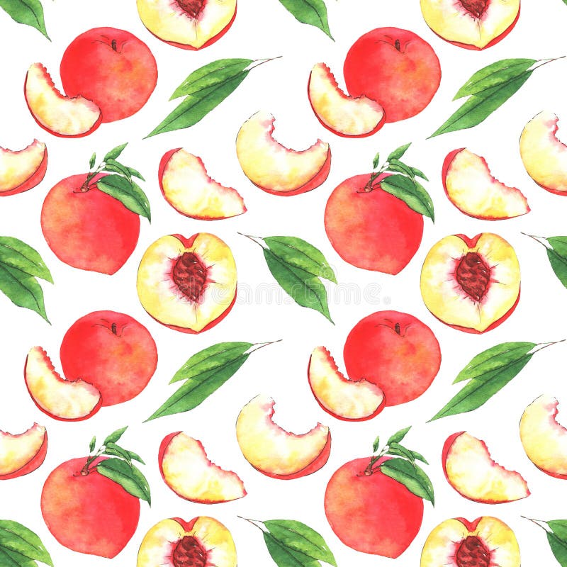 Seamless Fruit Watercolor Pattern with Peaches and Leaves Stock ...